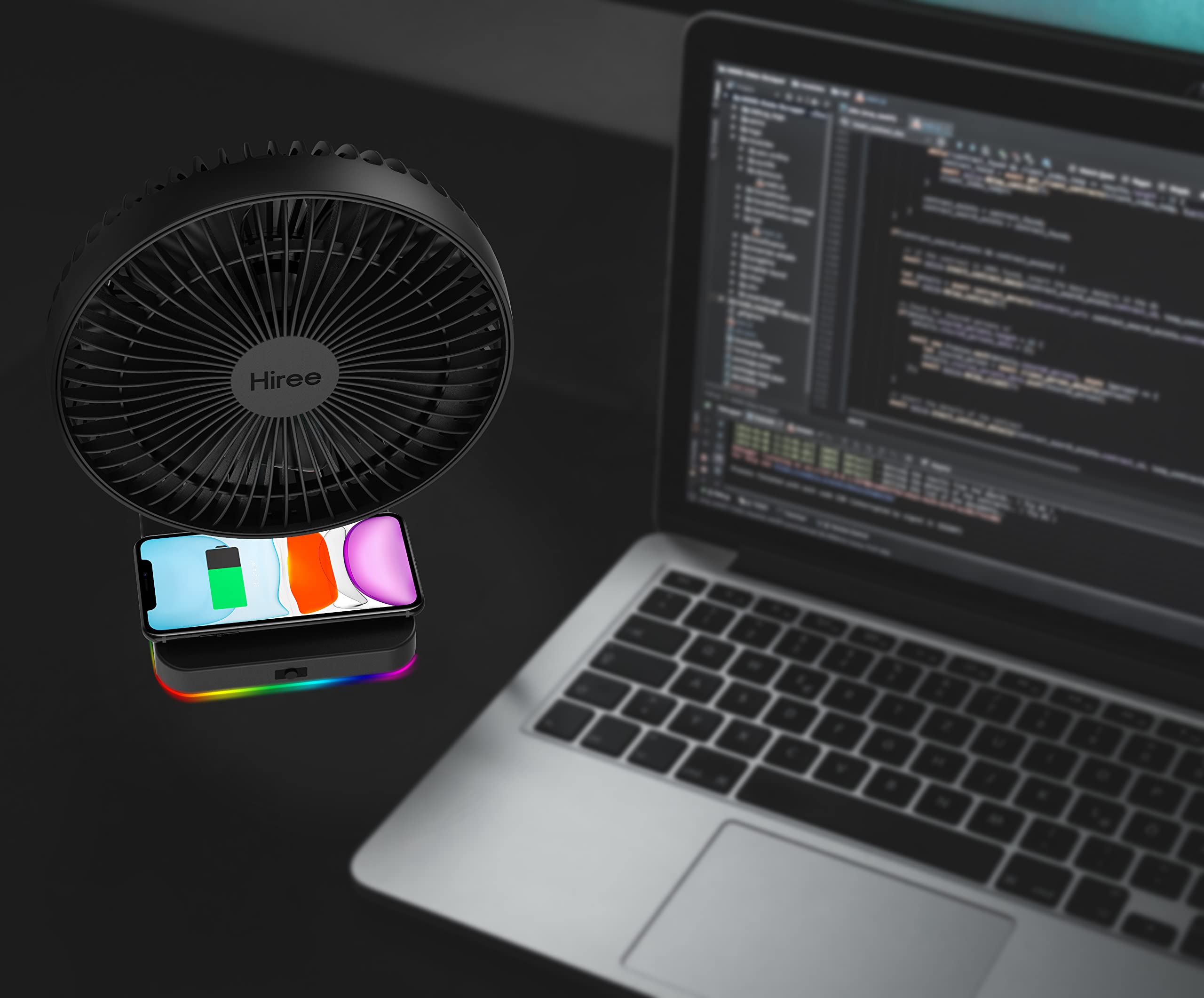 Hiree Table Fan with LED Lights, 2 Speeds Quiet Air Circulator Personal Desk Fan with 10W/7.5W Fast Charger QI Wireless Charging Pad - Suitable for Home, Bedroom, Office, Dorm
