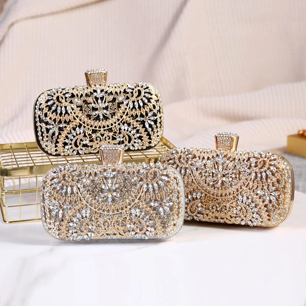 FIVE FLOWER Evening Clutch Bags Purse Handbag for Women Wedding Prom Party (BLACK), Medium