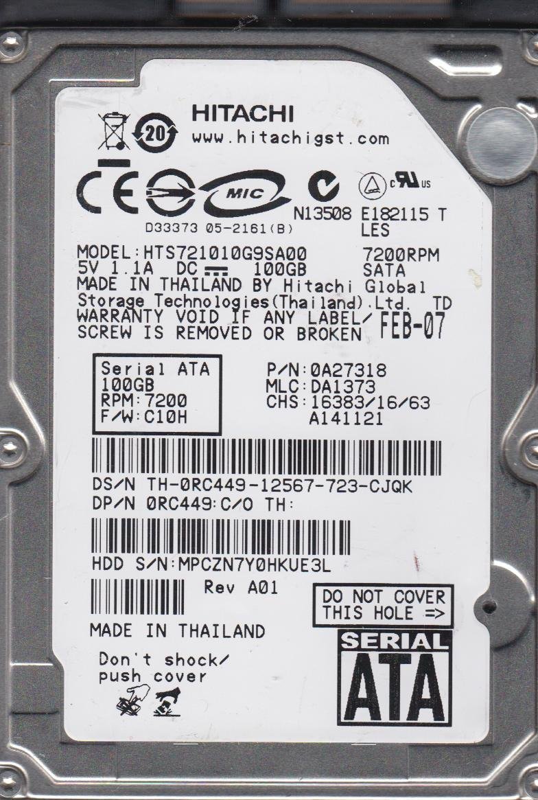 Hitachi Travelstar 7K100 HTS721010G9SA00 100GB SATA Laptop Hard Drive 7200RPM 8MB 2.5" Notebook