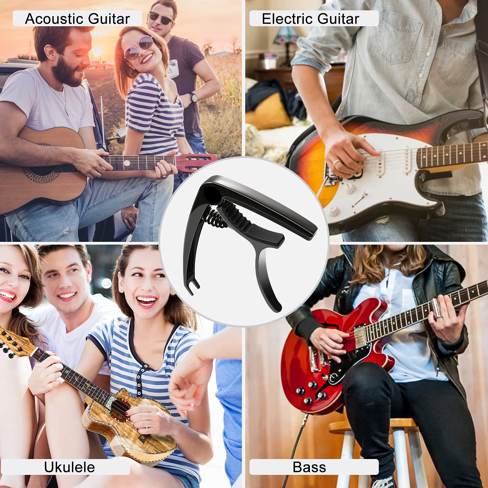 Hricane Guitar Capo for Acoustic and Electric Guitars with 3 Picks, light black Guitar Capo or Ukulele capos, Mandolin, Banjo, Classical Guitar Accessories, made by Steel and Silicone