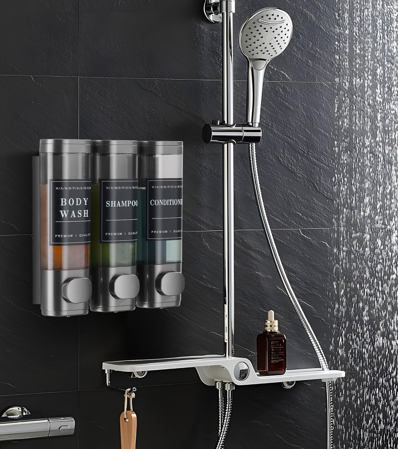 Cabo Deseado Shower Soap Dispenser Wall Mounted No Drill Shampoo Dispenser for Shower Wall Shampoo and Conditioner Dispenser Bathroom Hotel 3 * 300ml Gungray with Labels
