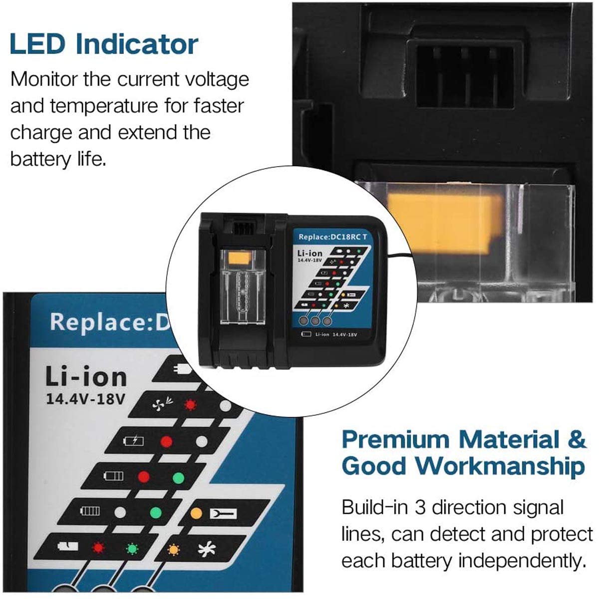 6.0Ah BL1860B 18 Volt Replacement Battery and DC18RC Charger Compatible with Makita 18V Battery Lithium ion BL1815 BL1820 BL1830 BL1840 BL1850 BL1850B BL1860 LXT-400 Cordless Power Tools (Black)