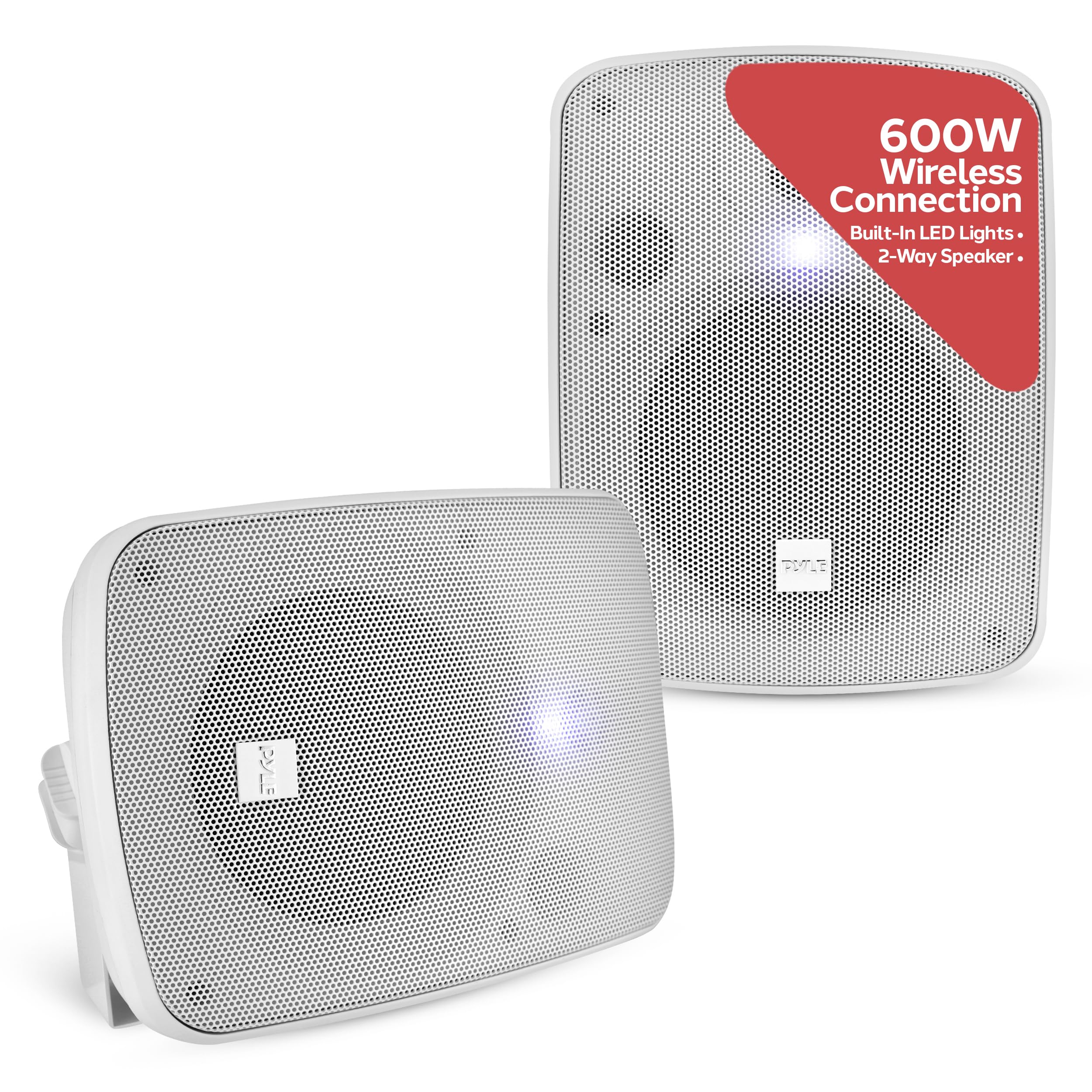 Pyle Indoor Outdoor Wireless Bluetooth Speaker System-2-Way Active/Passive Pair - 5.25in, LED Lights,600Watt Peak Power,Weatherproof,Wall/Ceiling Mounted Speakers w/Metal Grill, Universal Mount-White