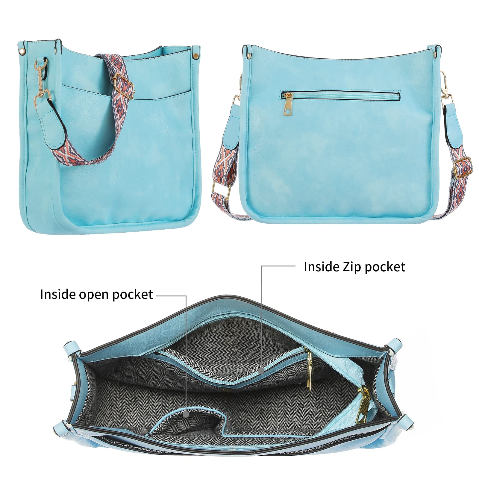 DYSHAYEN Women Crossbody Purse with Guitar Strap,Vegan Leather Zipped Pockets Handbag Shoulder Bag (Aqua Blue)