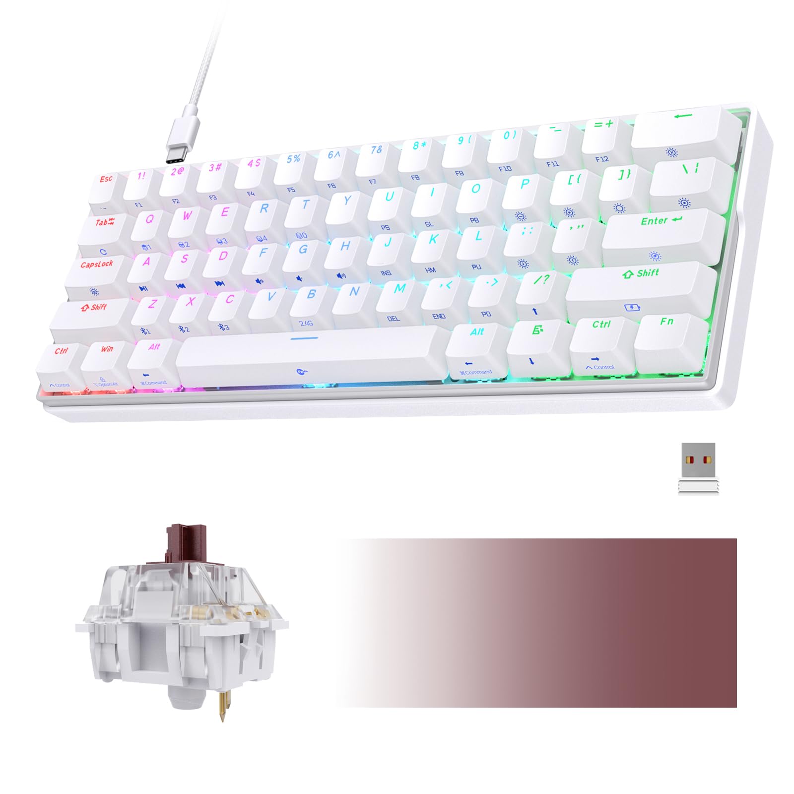 KEMOVE SNOWFOX Wired/Wireless 60% Mechanical Gaming Keyboard Compatible with Mac Windows, Hot Swappable Keyboard RGB Backlit PBT Keycaps Full Keys Programmable, 3000mAh Battery (Gateron Yellow Switch)