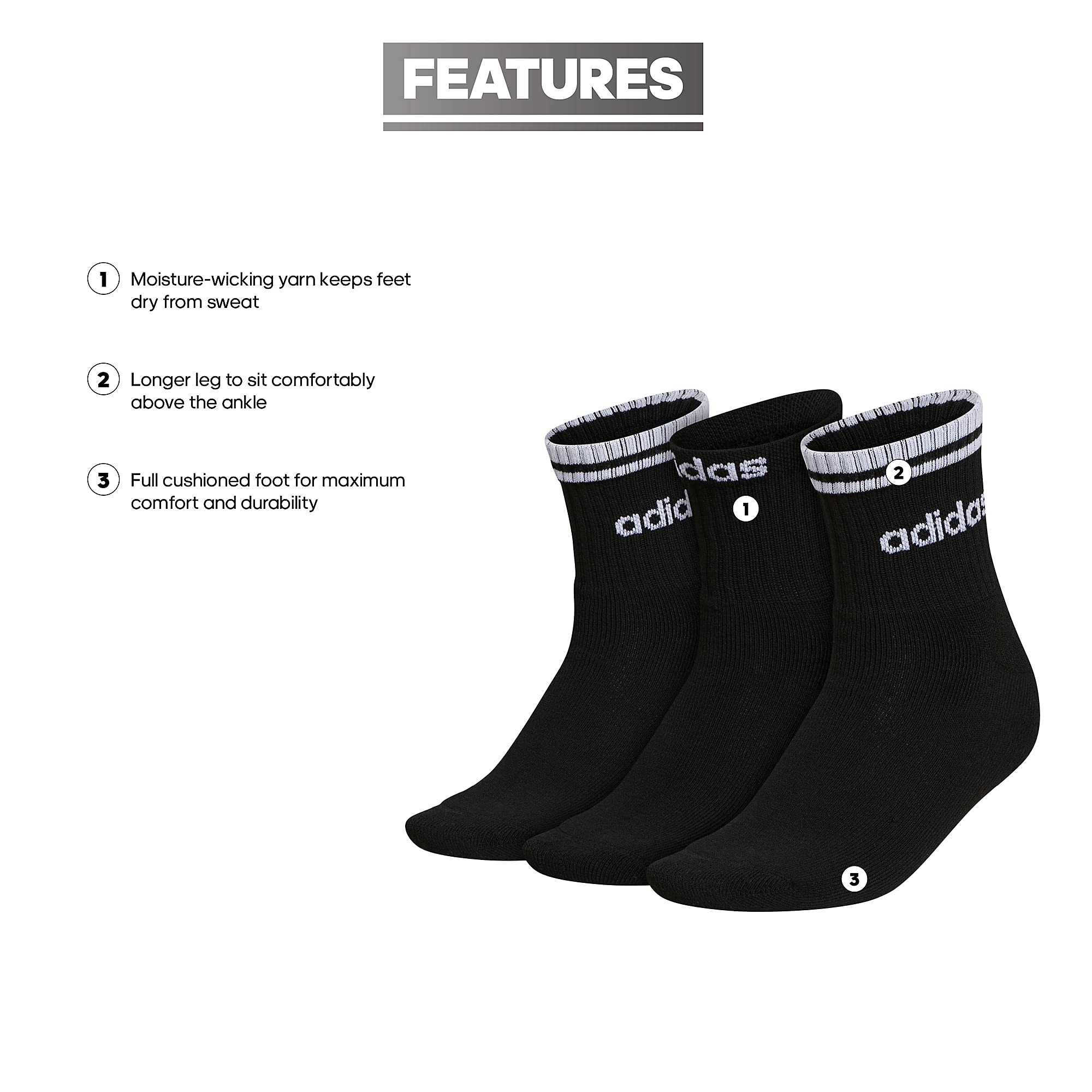 adidas Women's Sport Stripe 3-Pack High Quarter, Black/White, Medium