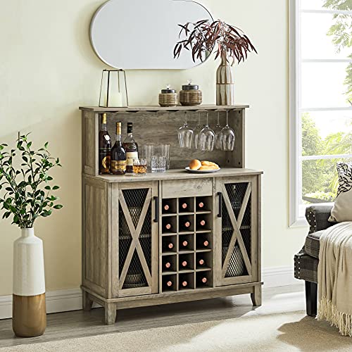 Home Source Bar Cabinet with Wine Rack and Glass Doors (Grey wash- Solid) (Wash Grey)