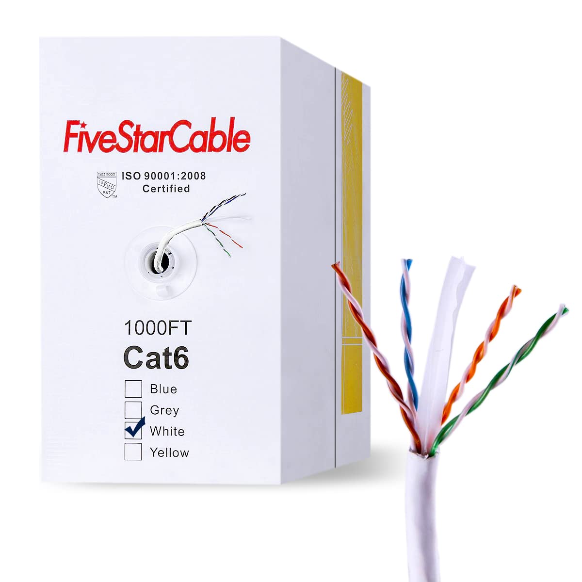 Five Star Cable Cat6 23AWG 1000 Ft UTP Bulk LAN Internet PVC Wire 4 Twisted Pair Category 6 Ethernet White Color Cable