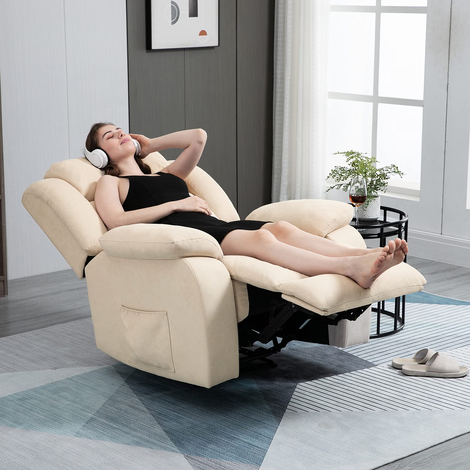 HOMHUM Massage Recliner Chair Fabric Heated Ergonomic Lounge Chair for Living Room Overstuffed Reclining Chair Single Sofa, Remote Control, Beige