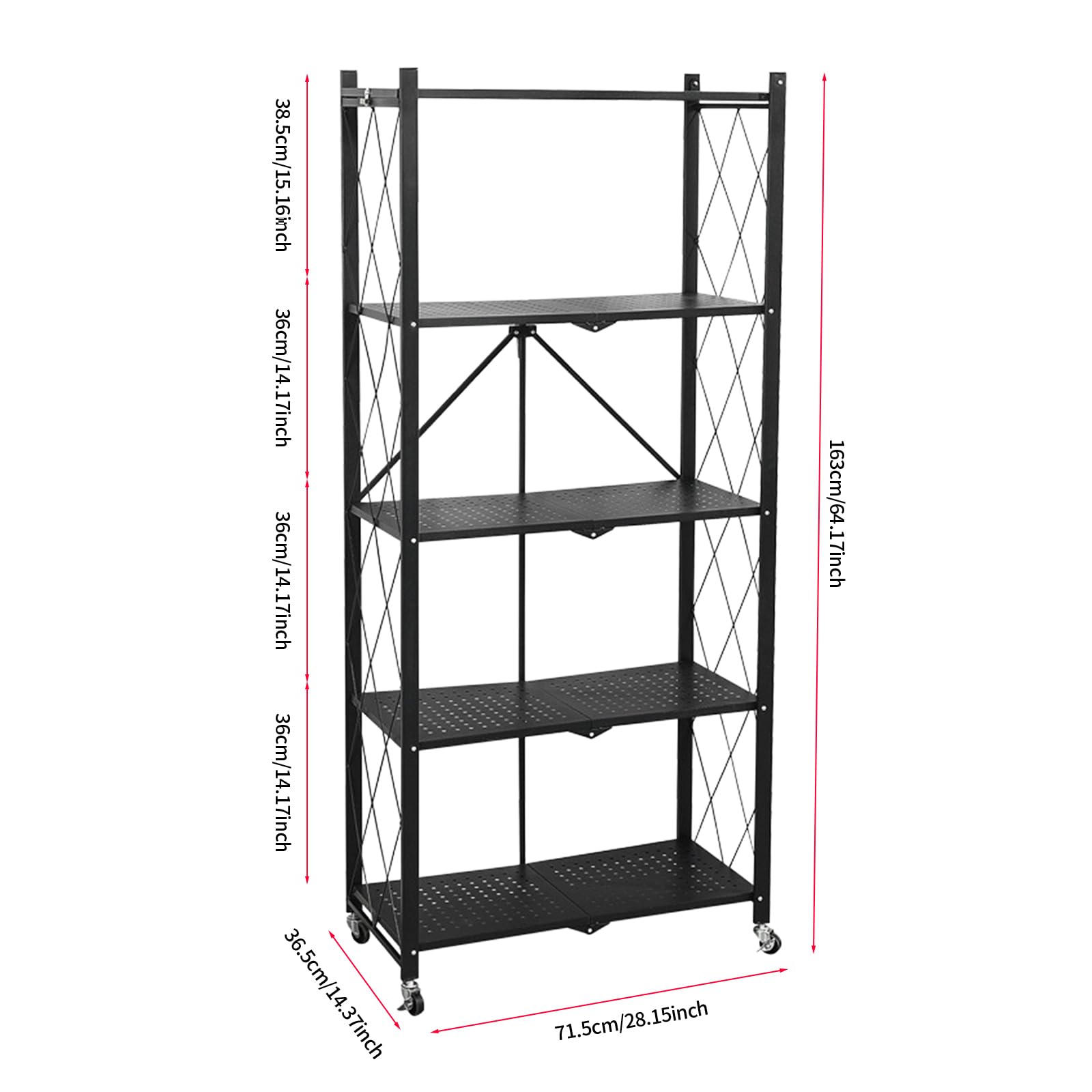 ExGizmo Storage Shelves,5-Shelf Foldable Metal Garage Shelveing with 4 Wheels,Large Capacity Shelving Unit,No Assembly Organizer Rack,Movable Storage Rack for Room,Kitchen,Grocery Room (Black)