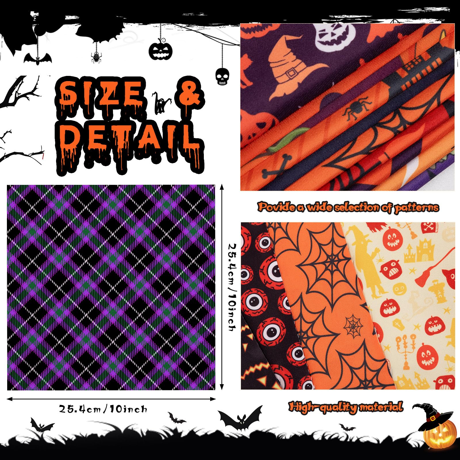 60 Pcs 10 x 10 Inch Halloween Fabric Polyester Fabric Bundle Fat Quarters Bat Pumpkin Ghost Skull Print Fabric Squares Holiday Quilting Fabric for DIY Decorations Sewing Craft, 30 Styles (Pumpkin)