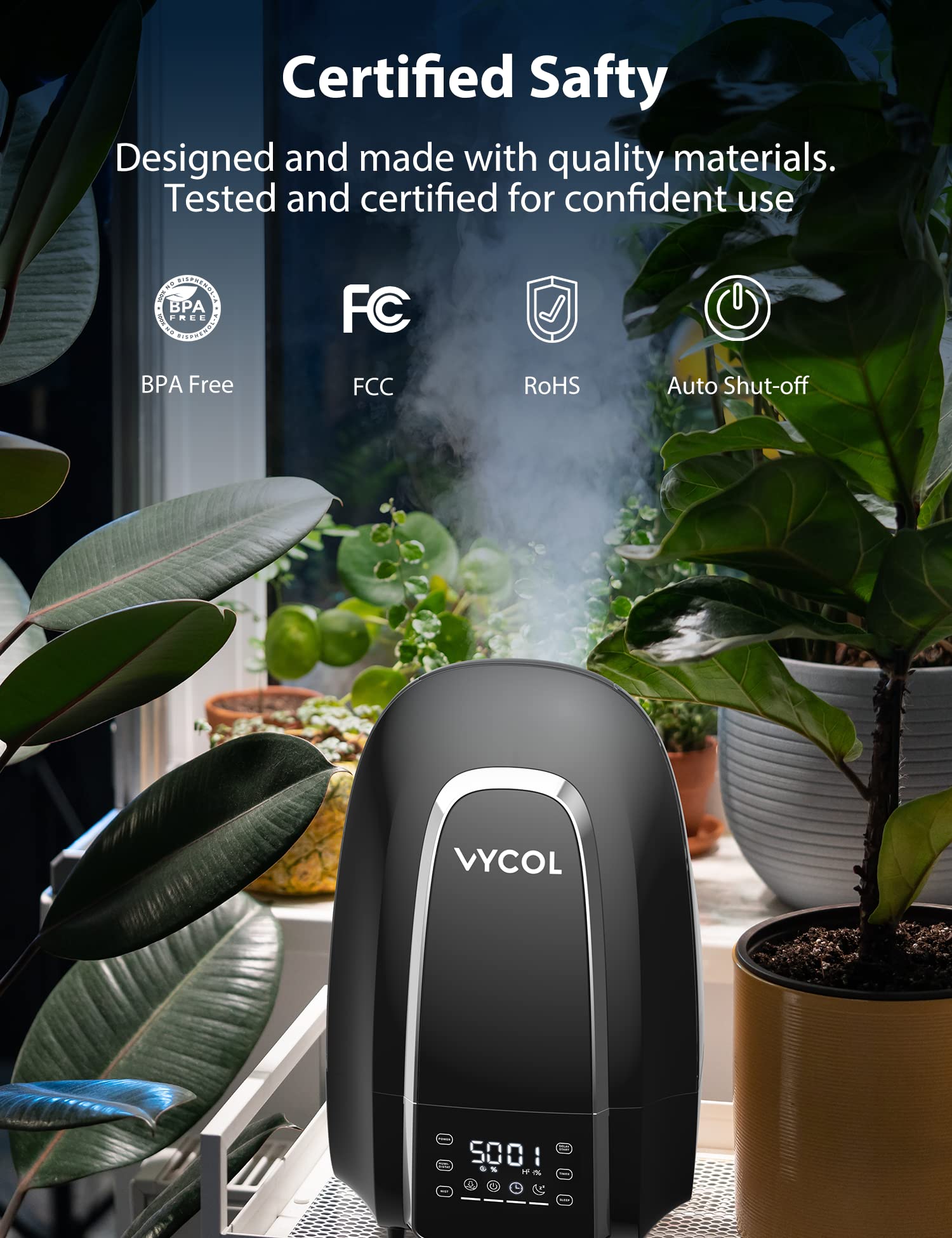 Humidifiers for Bedroom, Vycol 5.6L Smart Cool Mist Humidifier with Humidity Sensor & Timer for Large Room Home, Customized Humidity, Whisper Quiet Ultrasonic Air Vaporizer for Baby and Plants