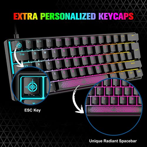 60% Mechanical Gaming Keyboard Mini Portable with RGB Backlit Full Anti-Ghosting 61 Key Ergonomic Metal Plate Wired Type-C USB Waterproof for Typist Laptop PC Mac Gamer(Black Keycap/Blue Switch)