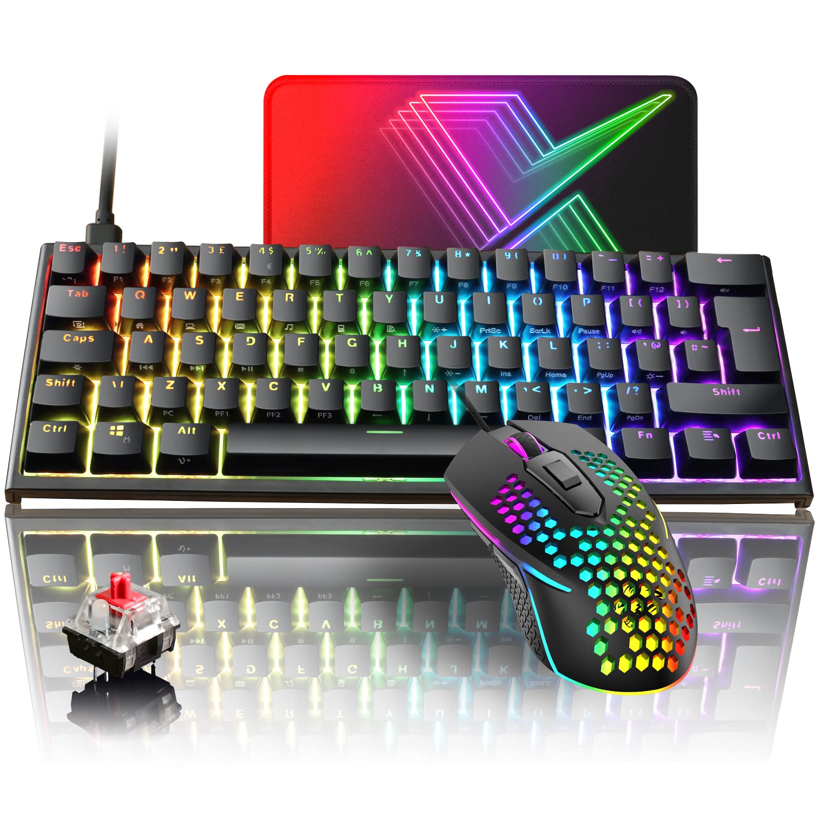 60% Mechanical Keyboard and Honeycomb Mouse Combo Wired All 62-Key Anti-ghosting RGB Backlit Gaming Keyboard, Rainbow Backlight Mouse, Mouse Pad Compatible with PS4/Xbox One/Nintendo Switch/PS3 /PC