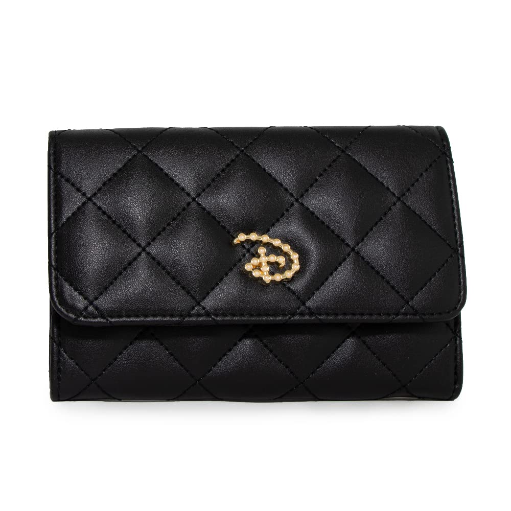 Disney Wallet, Foldover, Disney Signature D Logo Faux Pearl Gold, Black Vegan Leather