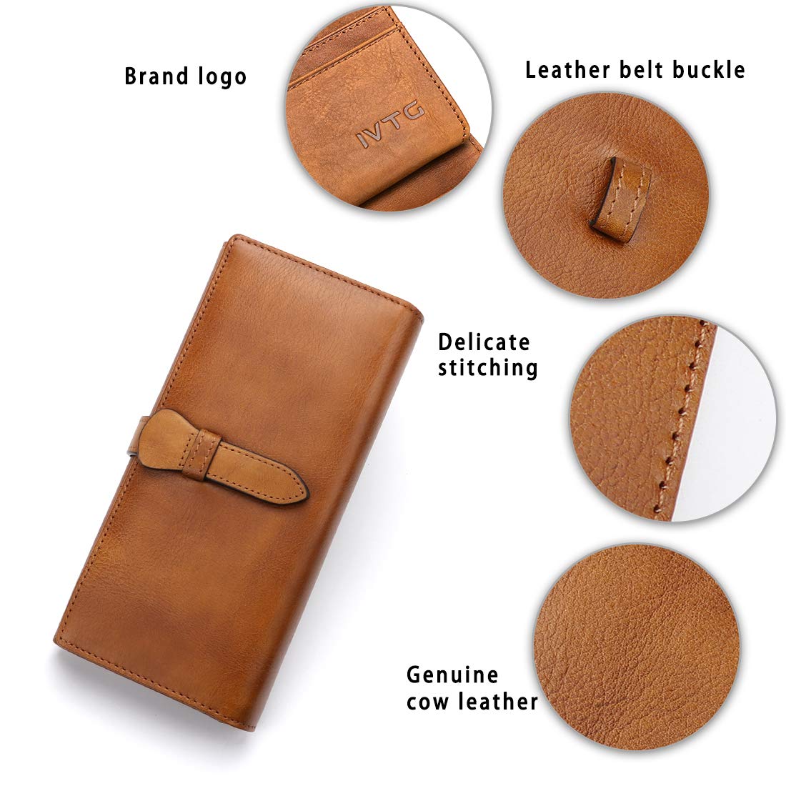 Genuine Leather Wallet Women long Purse Clutch Vintage Cowhide Handmade Card Holder Organizer (Brown)