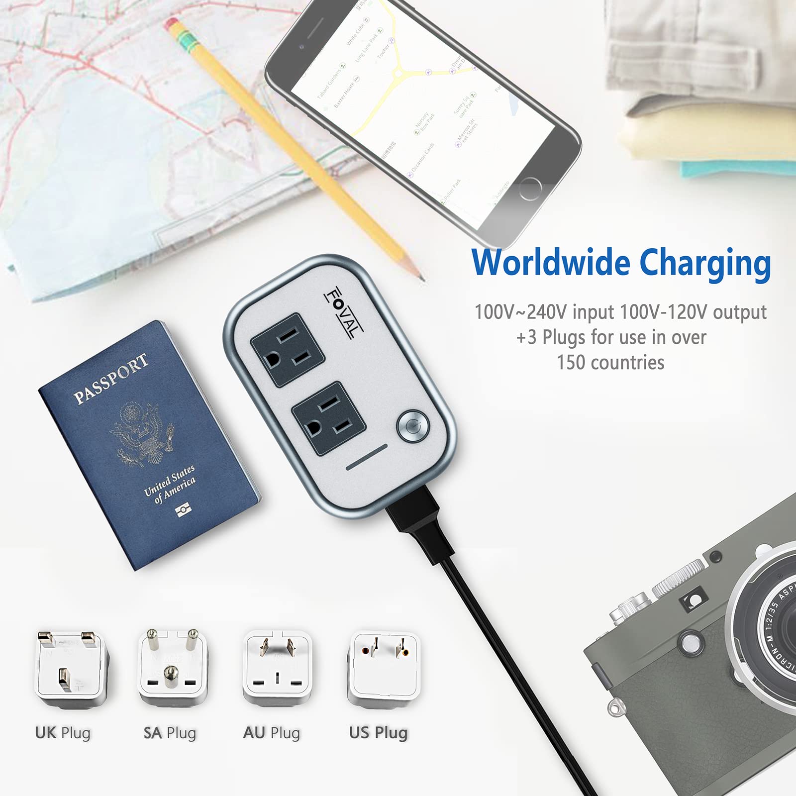 FOVAL Power Step Down 220V to 110V Voltage Converter International Travel Adapter for Hair Straightener/Curling Iron Including US/AU/EU/UK/India Universal Plug Adapter