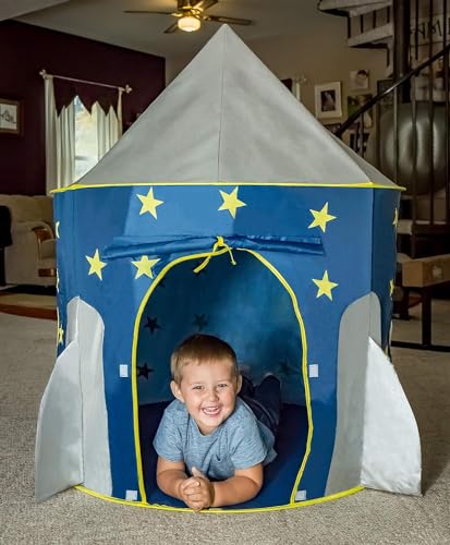 FoxPrint Rocket Ship Tent - Space Themed Pretend Play Tent - Space Play House - Spaceship Tent For Kids - Foldable Pop Up Star Play Tent Blue