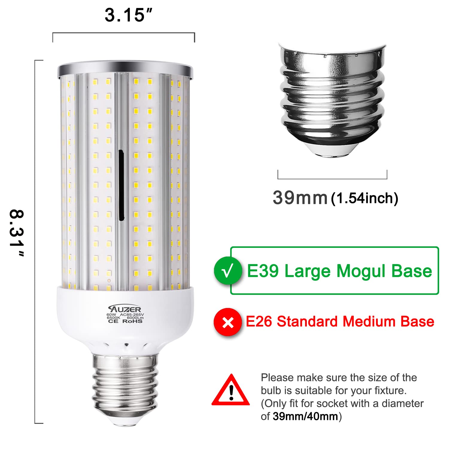 60W LED Corn Light Bulb (450W Equivalent), E26 Standard Base Light, 6000-Lumen, 6500K Daylight Cool White, AC 85V-265V, Corn LED Bulb for Indoor Outdoor Large Area Garage Factory Warehouse High Bay