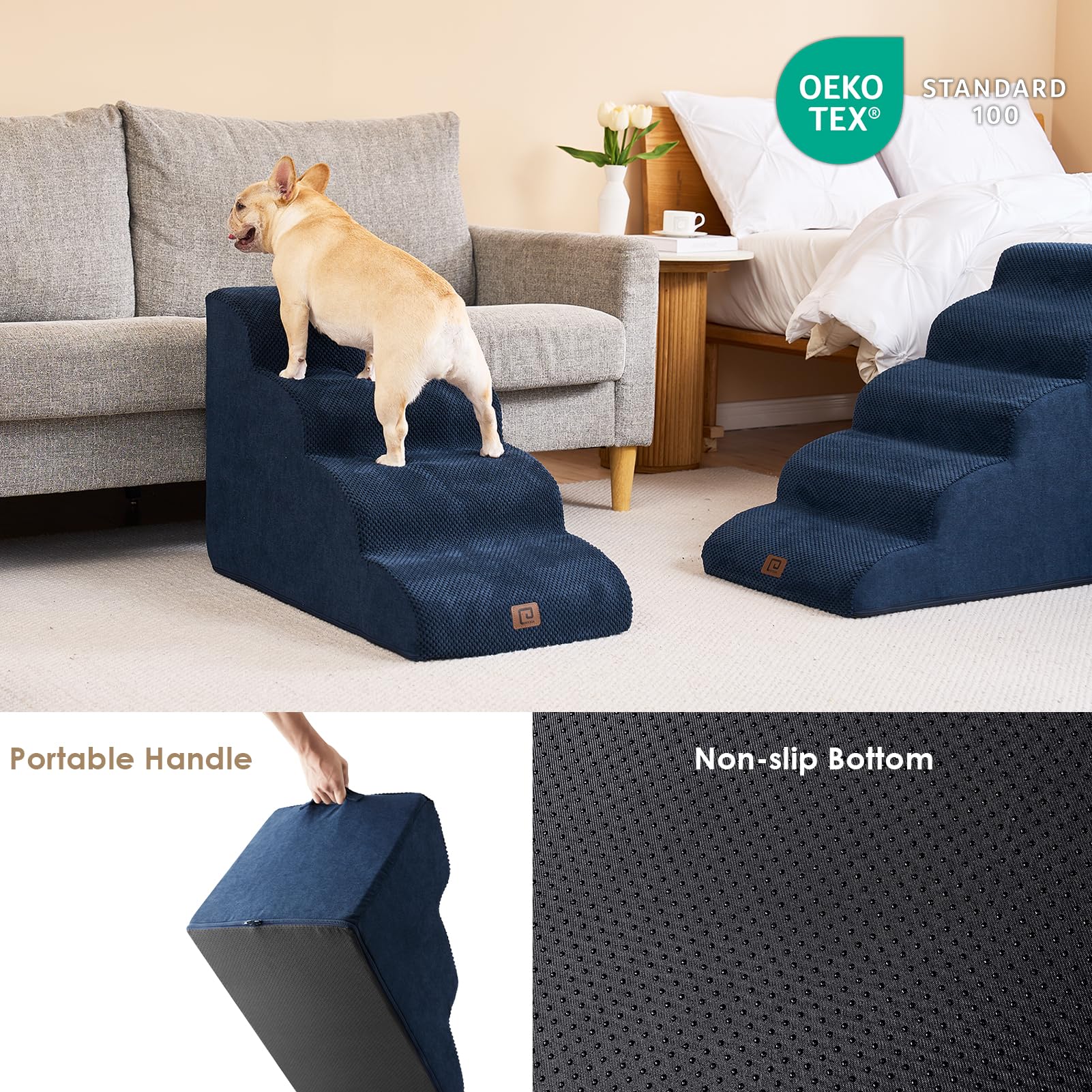 EHEYCIGA Curved Dog Stairs Ramp for High Beds 19.7" H, 4-Step Dog Steps for Small Dogs and Cats, Pet Stairs for High Bed Climbing, Non-Slip Balanced Pet Step Indoor, Navy
