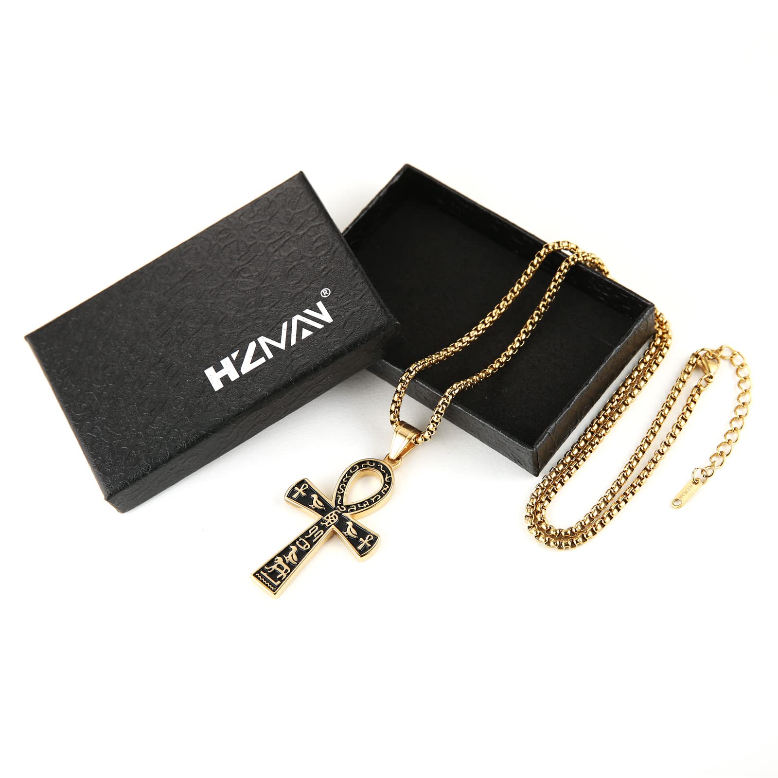 HZMAN Stainless Steel Large Ankh Cross Pendant Ancient Egyptian Hieroglyphic Symbol 22+2 Inch Chain (Gold-Small)