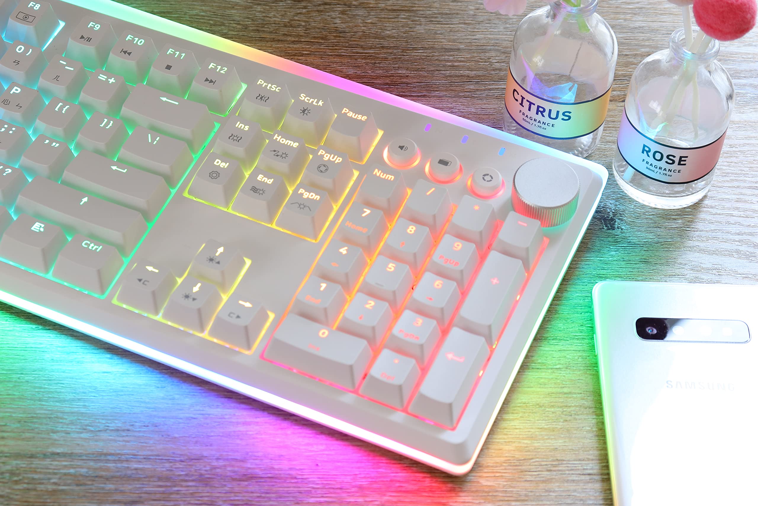 i-rocks K71M RGB Mechanical Gaming Keyboard with Media Control Knob, Gateron Switches (Brown), 107 Keys w/Full NKRO, PBT Keycaps, Multimedia Hotkeys, Detachable USB-C Cable and Onboard Storage, White