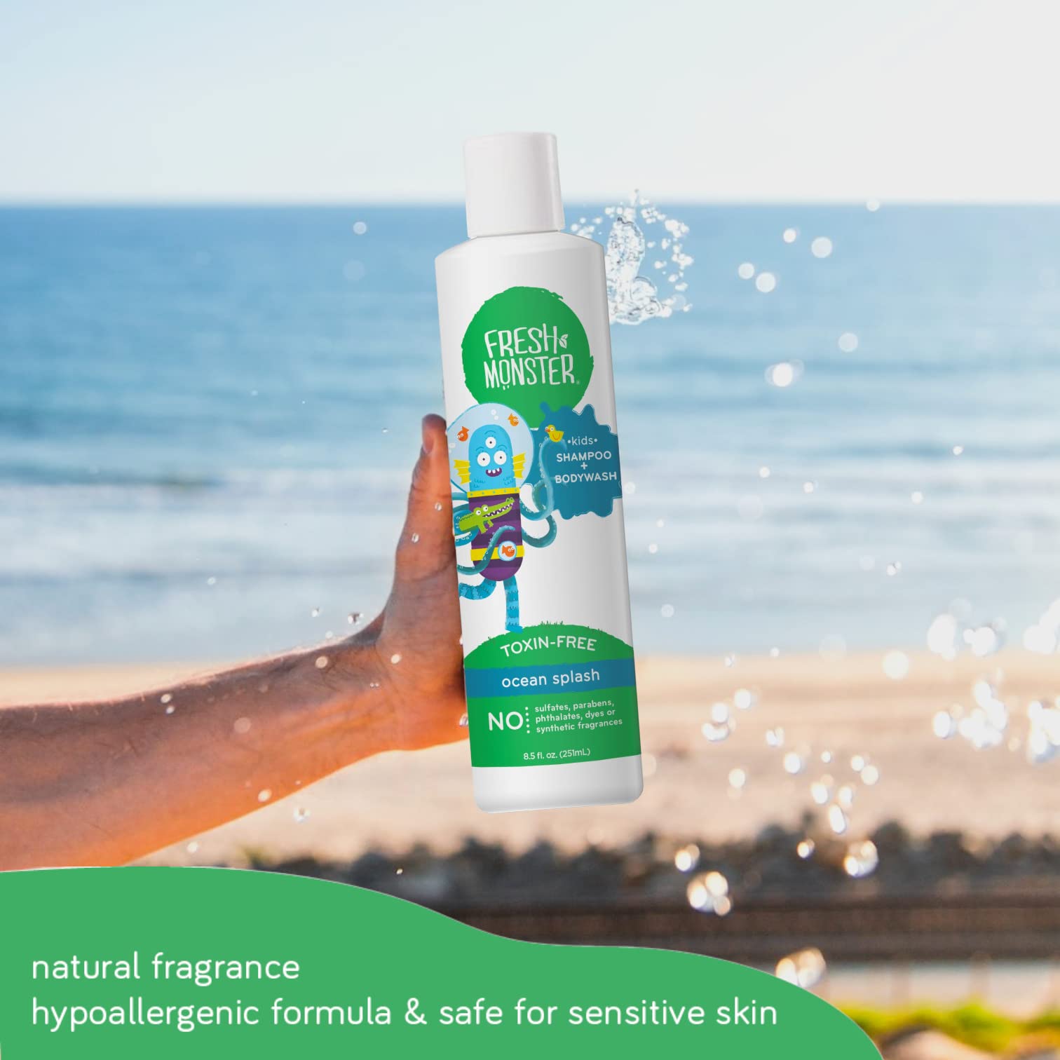Fresh Monster 2-in-1 Natural Shampoo & Body Wash for Kids, Toxin-Free, Hypoallergenic, Ocean Splash (2 Pack, 8.5oz/each)