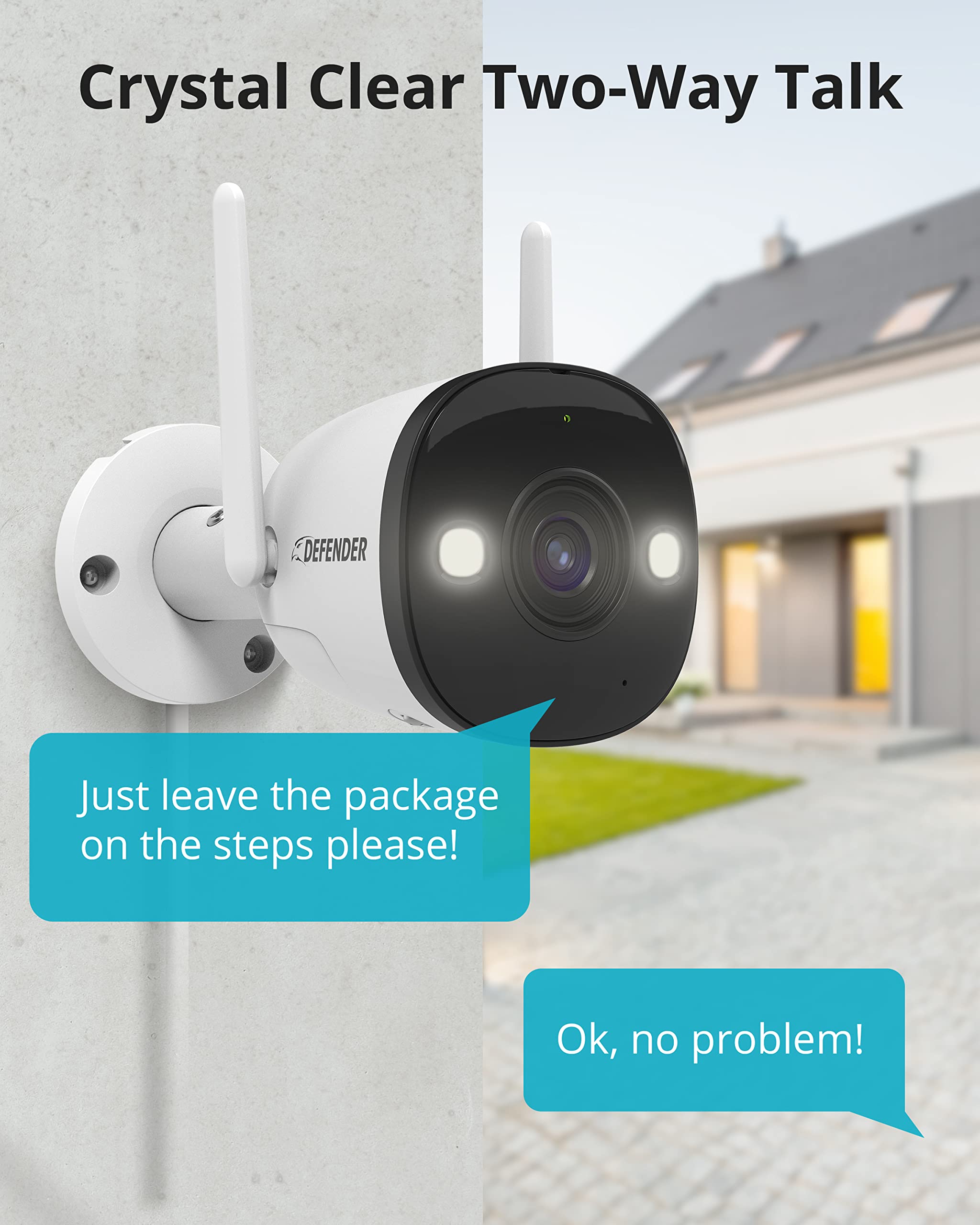 Defender Guard Pro 2K WiFi. Plug-in Security Camera with Color Night Vision, Two-Way Talk, Smart Human Detection, Spotlight & Siren (1 Camera, 32GB)
