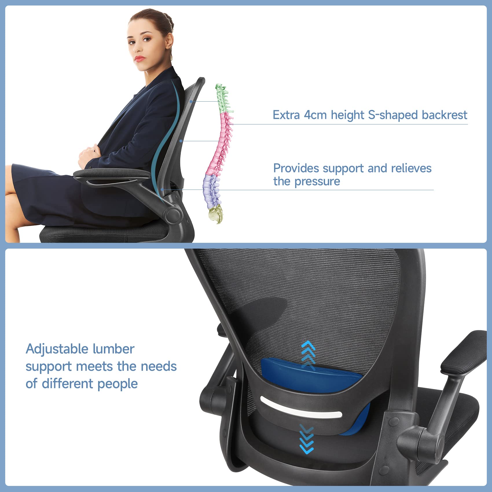 Ergousit Ergonomic Home Office Chair, Mesh Office Chair Flip Up Arms with Lumbar Support, Adjustable Comfortable Computer Desk Chair Ergonomic, 250Lbs Capacity (Black)