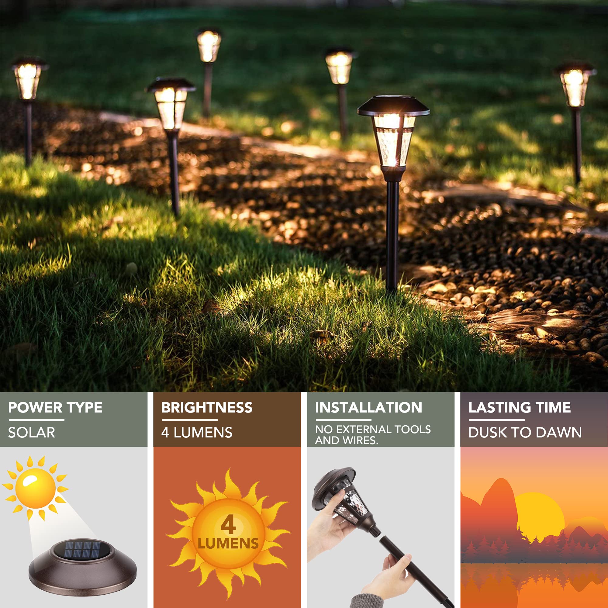 GIGALUMI 6 Pack Super Bright Solar Lights Outdoor Waterproof, High Lumen Solar Garden Lights, Metal Solar Pathway Lights Outdoor, Solar Sidewalk Lights for Yard, Patio, Landscape, Walkway