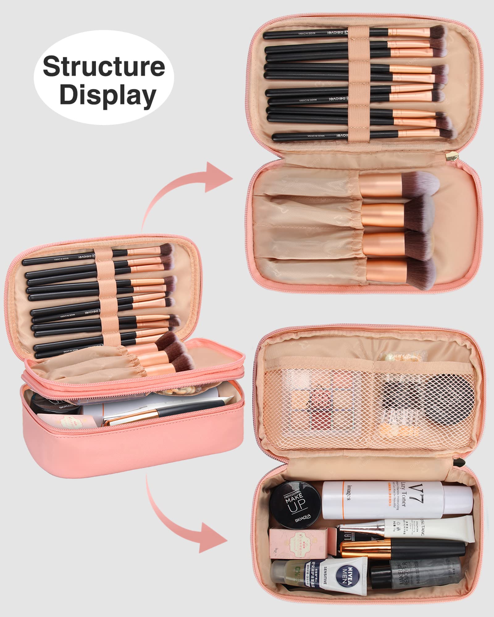 Relavel Makeup Bag, Small Travel Cosmetic Bag for Women, Portable 2 Layer Makeup Brushes Holder Bag, Toiletry Bag, Compact Cosmetic Case Organizer for Christmas, Pink
