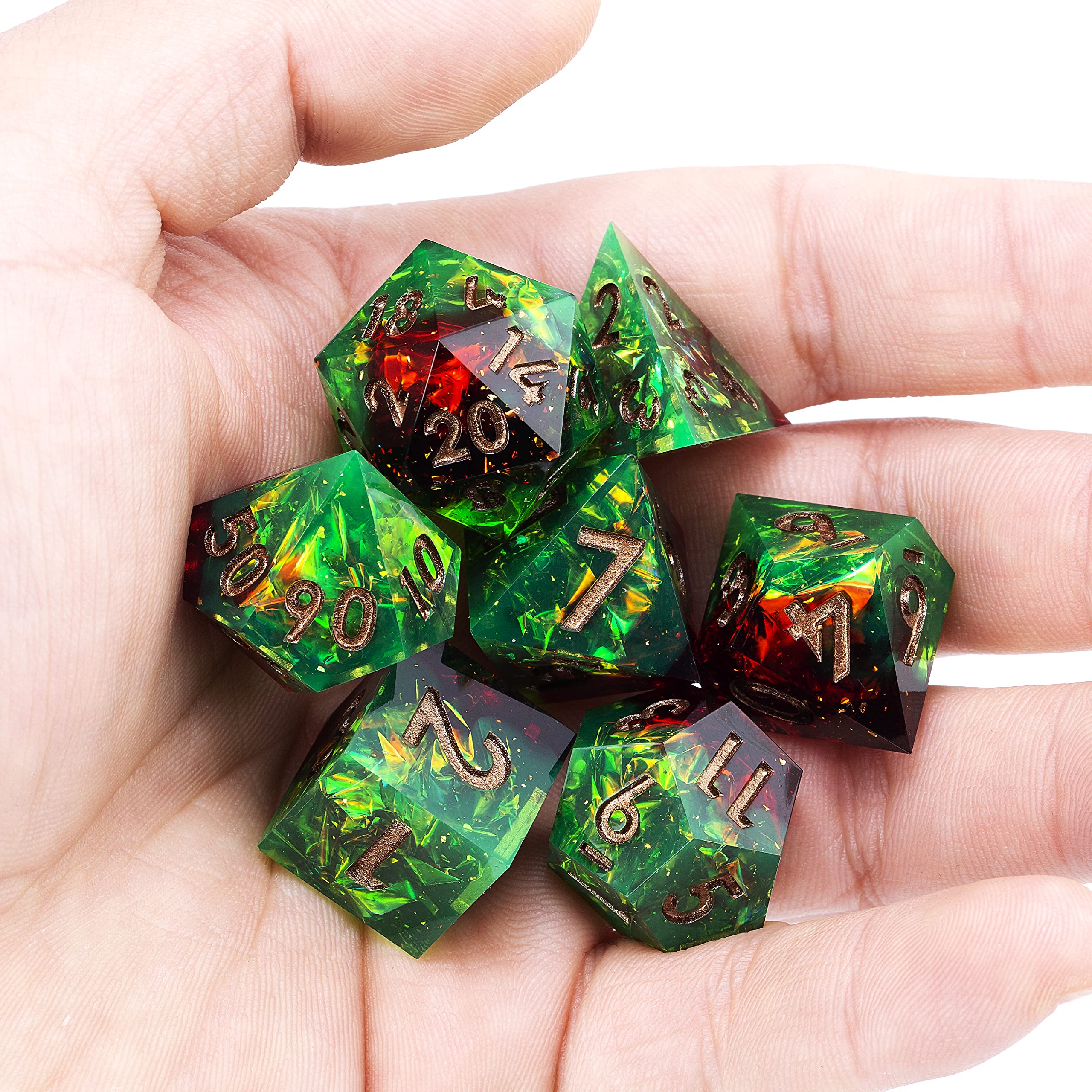 DND Dice Sharp Edge Dice Polyhedral Dice Mini Planet Dice Dungeons and Dragons Dice Handmade Dice Set Peachy Galaxy (Jungle FIRE)