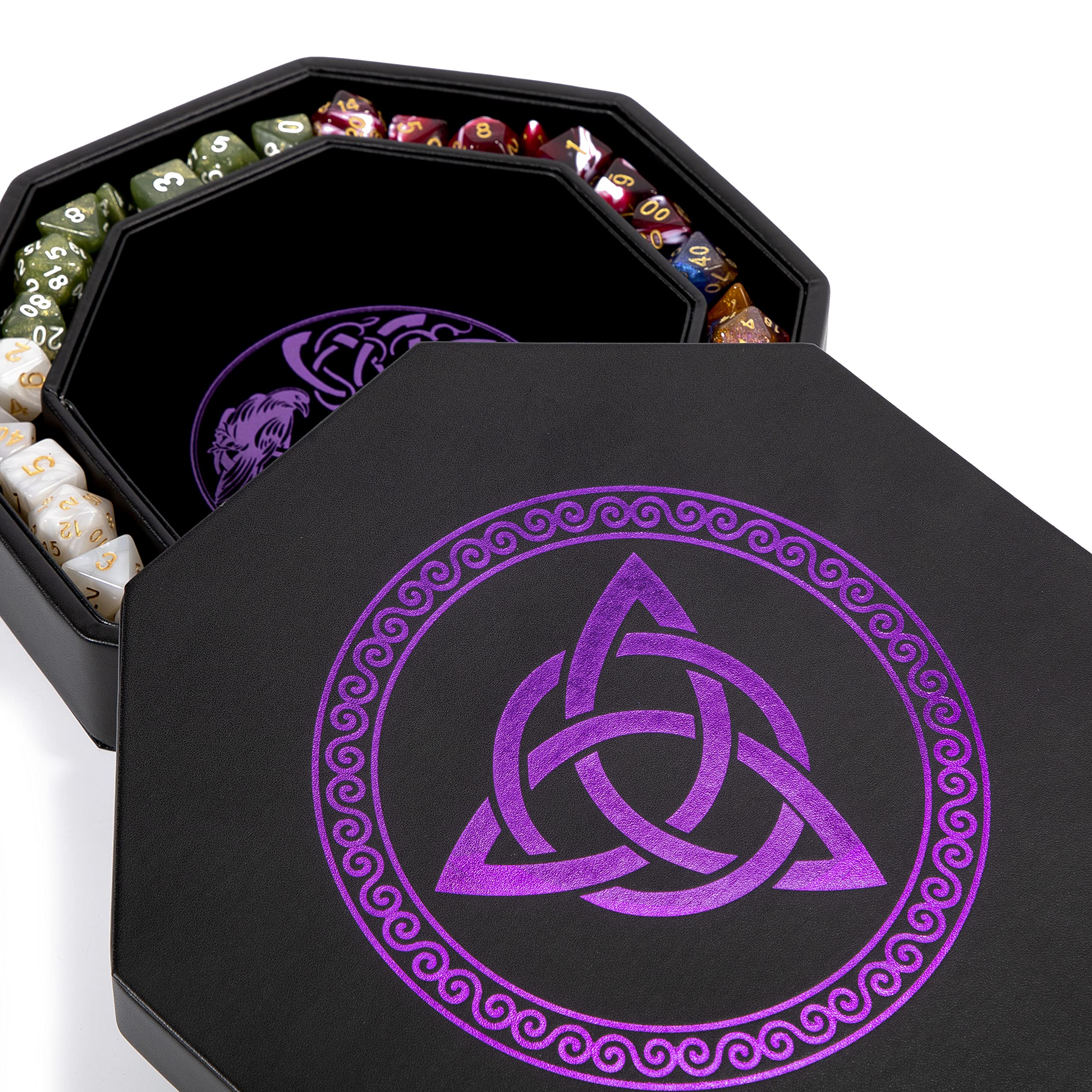 DND Dice Tray - Premium 8 Inch Tray Dungeons and Dragons - Exquisitely Detailed Purple World Tree & Triquetra Design - Perfect Rolling & Box Storage to Protect Your Dice for D&D and RPG