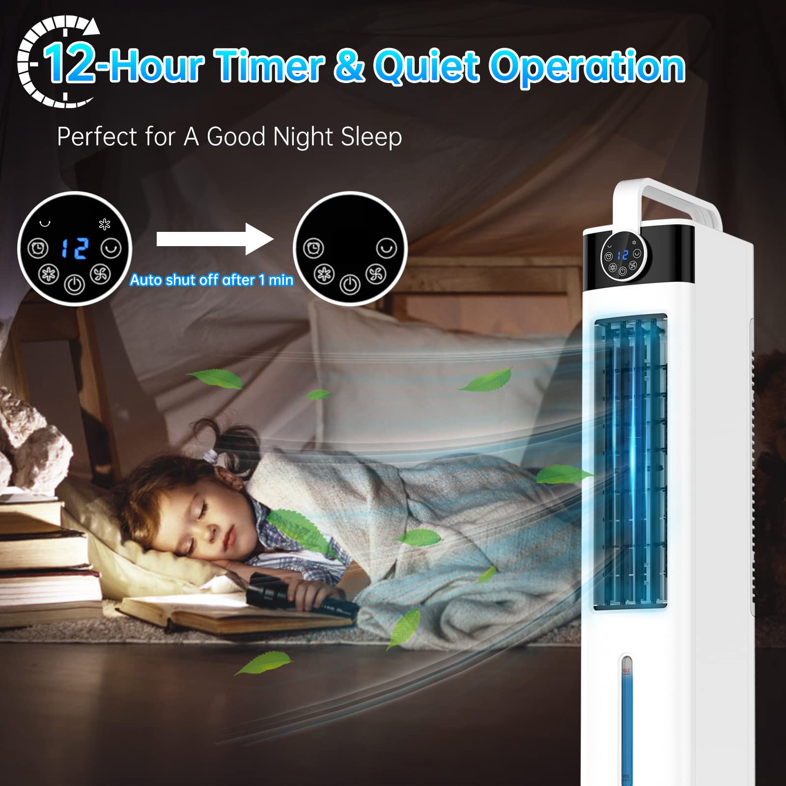 Evaporative Air Cooler, Portable Air Conditioner Fan, 35'' Evaporative Cooler with 3 Speeds & 52°Oscillation, 12-H Timer Remote Control Swamp Cooler w/Cooling Function for Home & Office