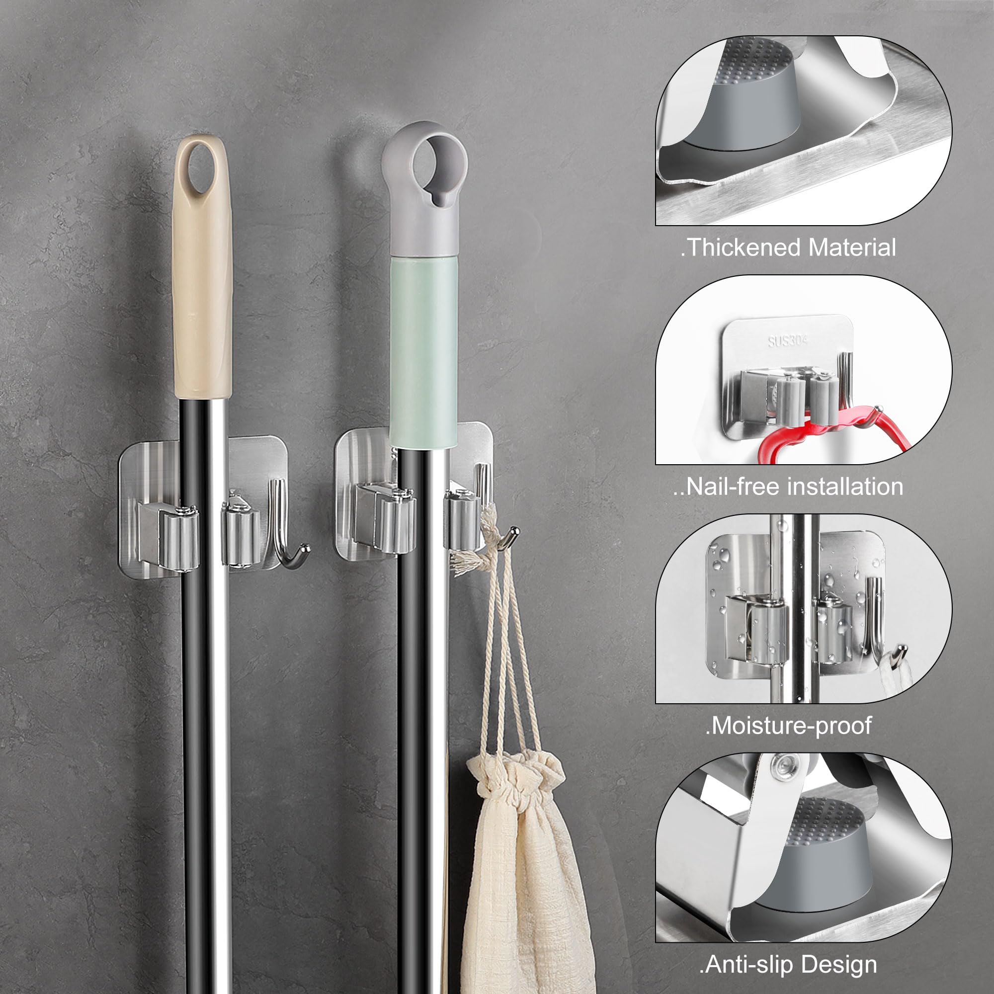 KWOKWEI 5PCS Broom and Mop Holder Wall Mount, Self Adhesive Broom Hanger with Hook, Stainless Steel Garden Tool Organizer Rack Broom Holder for Laundry Room, Bathroom, Garage, Kitchen Black