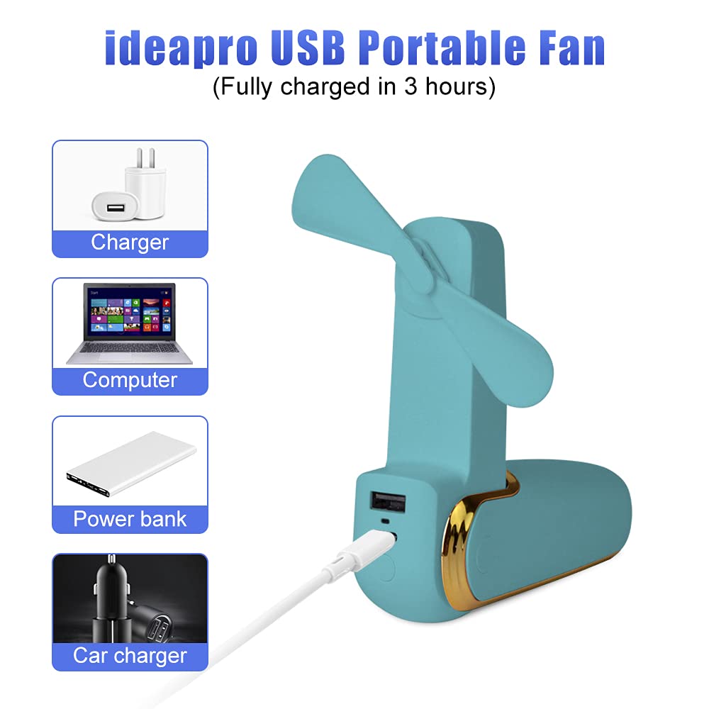 ideapro Pocket Handheld Fan Mini Portable Fan with Lanyard, 2000 mAh USB Rechargeable Mini Fan, Batteries Operated Handheld Fan with 3 Speeds Power Bank Flashlight Function for Home Outdoor Travel