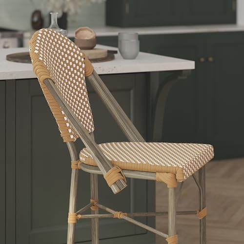 Flash Furniture Lourdes Commercial Grade Bistro Counter Stool, Stackable Indoor/Outdoor Dining Stool, 26"High, Natural/White-Light Natural Finish, Set of 2