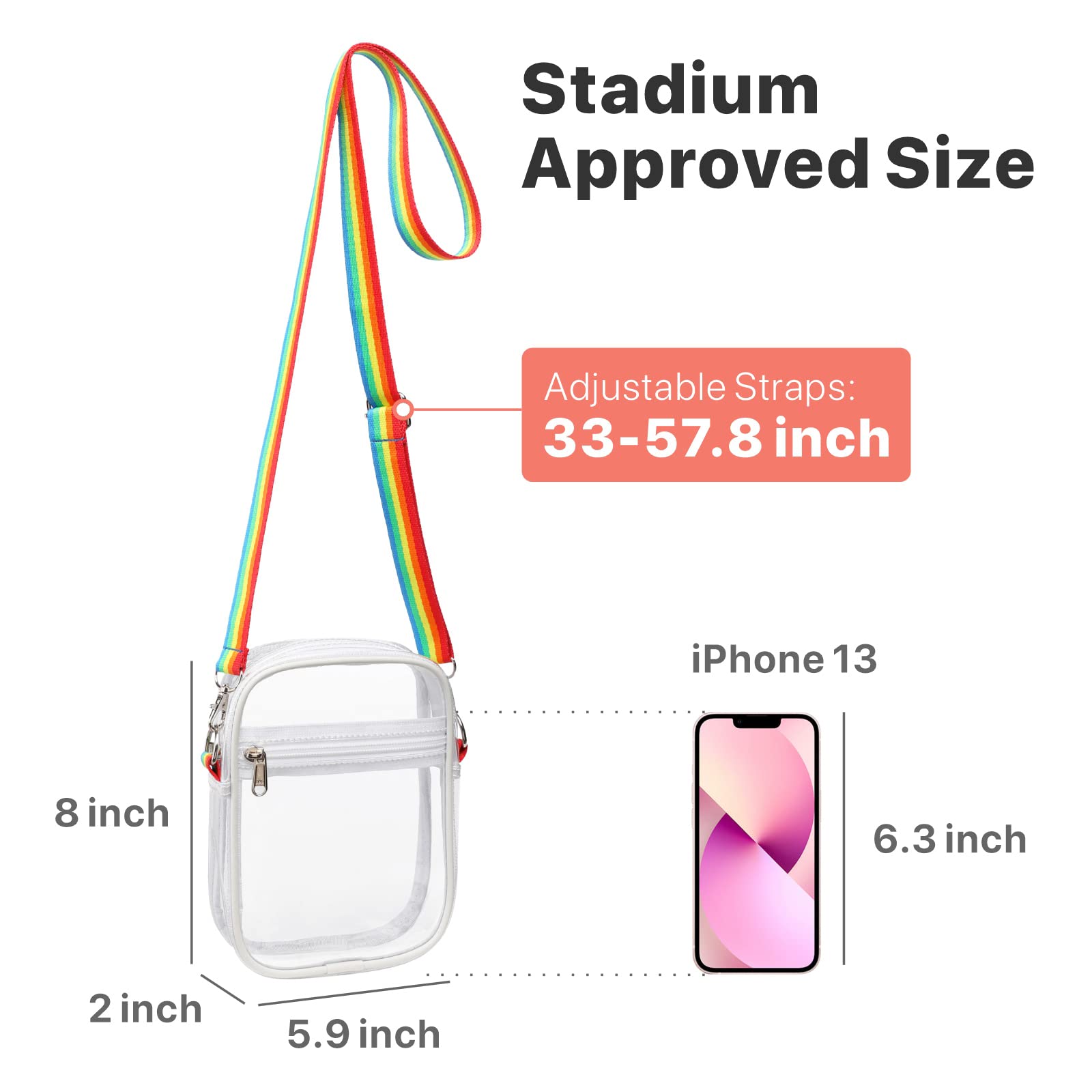 F-color Clear Bag Stadium Approved, Clear Purse for Concerts Sports Events Festivals, Clear Bags for Women with Adjustable Rainbow Strap, White
