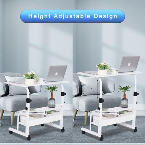 Adjustable Height Rolling Portable Desk with Wheels, Small Standing Desk Mobile 32 Inch Computer Desk for Small Space, Work Desk for Home Office with Storage Laptop Table Study Student Desk White