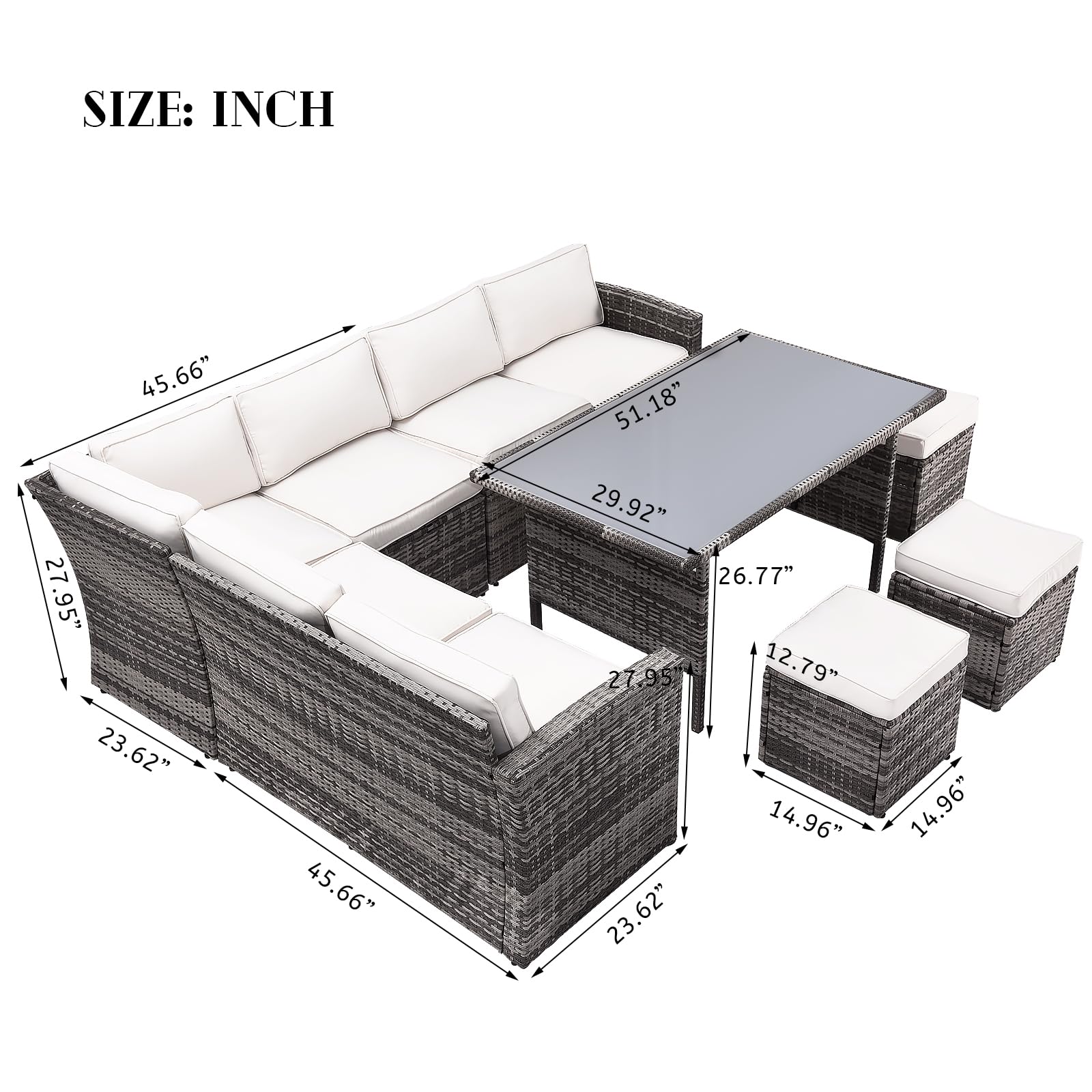 SoarFlash 7 Pieces Wicker Conversation Set Outdoor Patio Furniture Sofa Set, All-Weather Rattan Sectional Sofa with Ottoman, Cushion, Dining Table for Garden, Backyard,Poolside, Beige