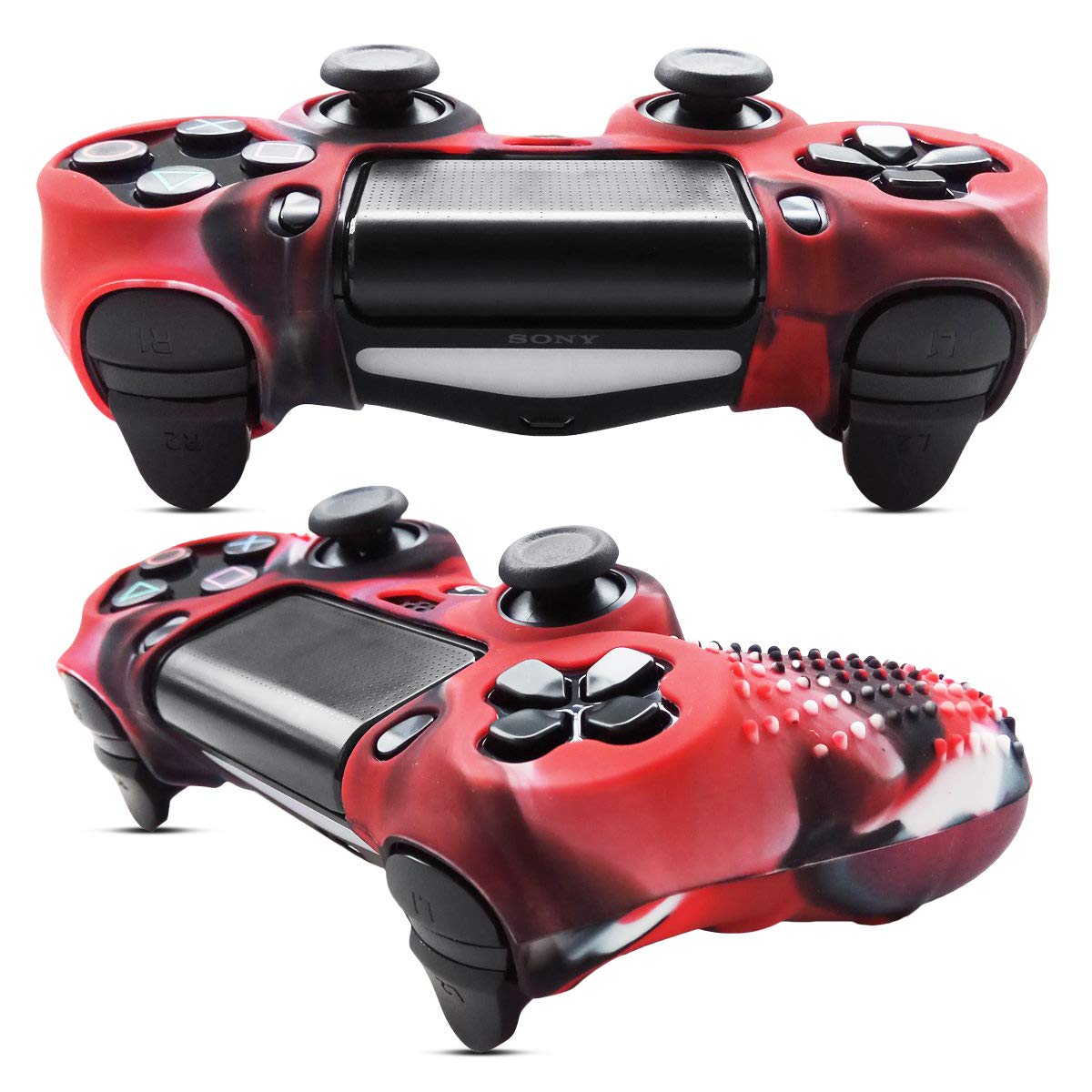 6amLifestyle PS4 Controller Skin (Red + Blue 2 Controller Skins + 10 Thumb Grips) Anti-Slip Silicone Cover Protector Case for DualShock 4 PS4 / PS4 Slim / PS4 Pro Controller