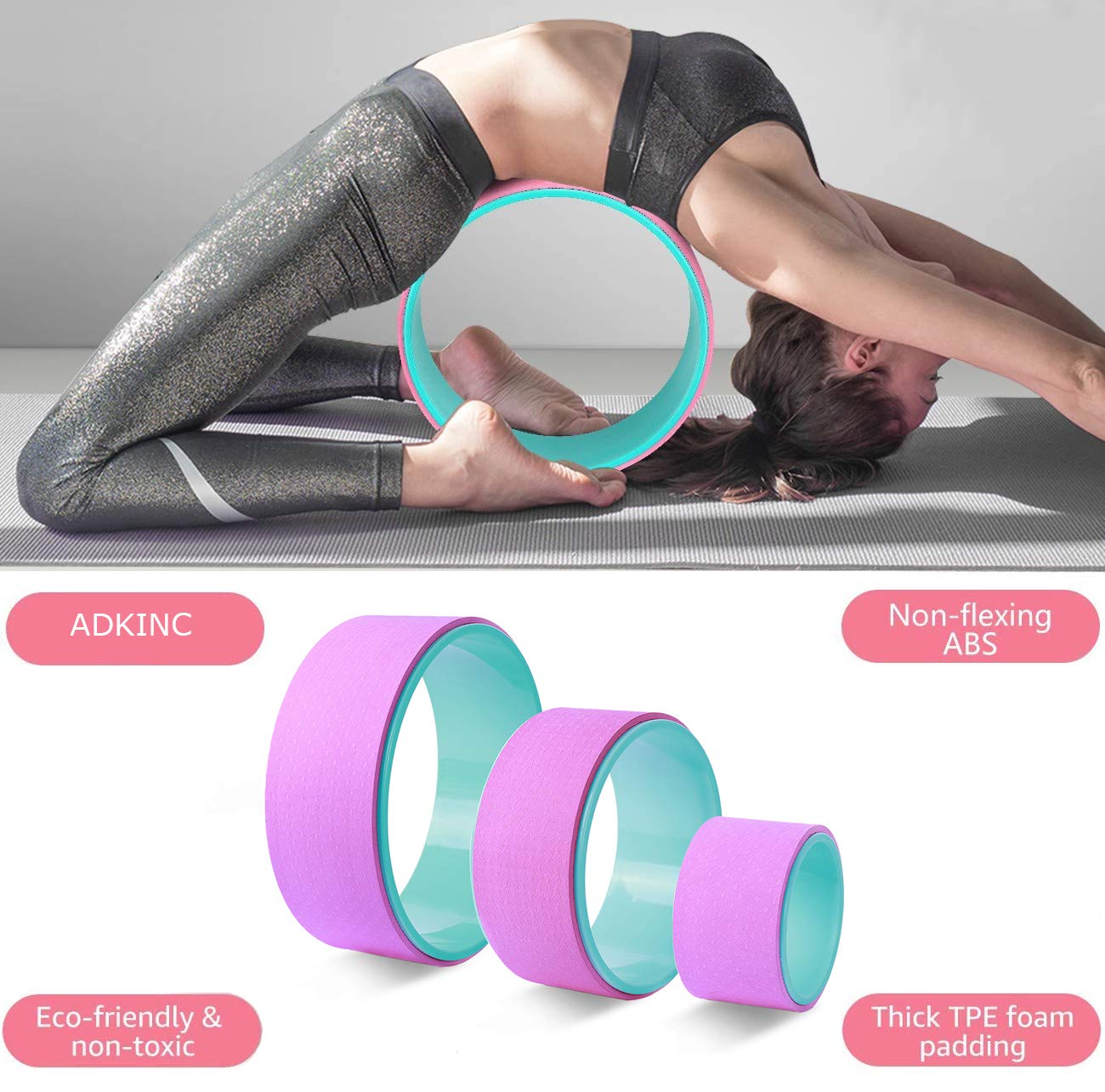 ADKINC Yoga Wheel Set 3 Pack, ABS Yoga Wheel for Stretching, TPE Non-Slip Yoga Wheel Back Wheel for Ain Relief Back Pain and Improving Backbends Flexibility Training