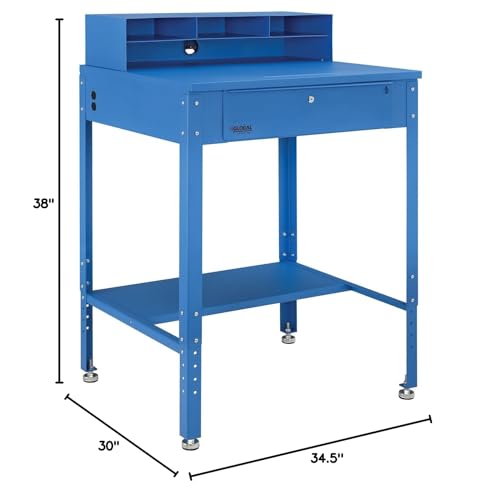Global Industrial Flat Top Shop Desk w Pigeonhole Compartments, 34-1/2"W x 30"D x 38 to 42-1/2"H, Blue
