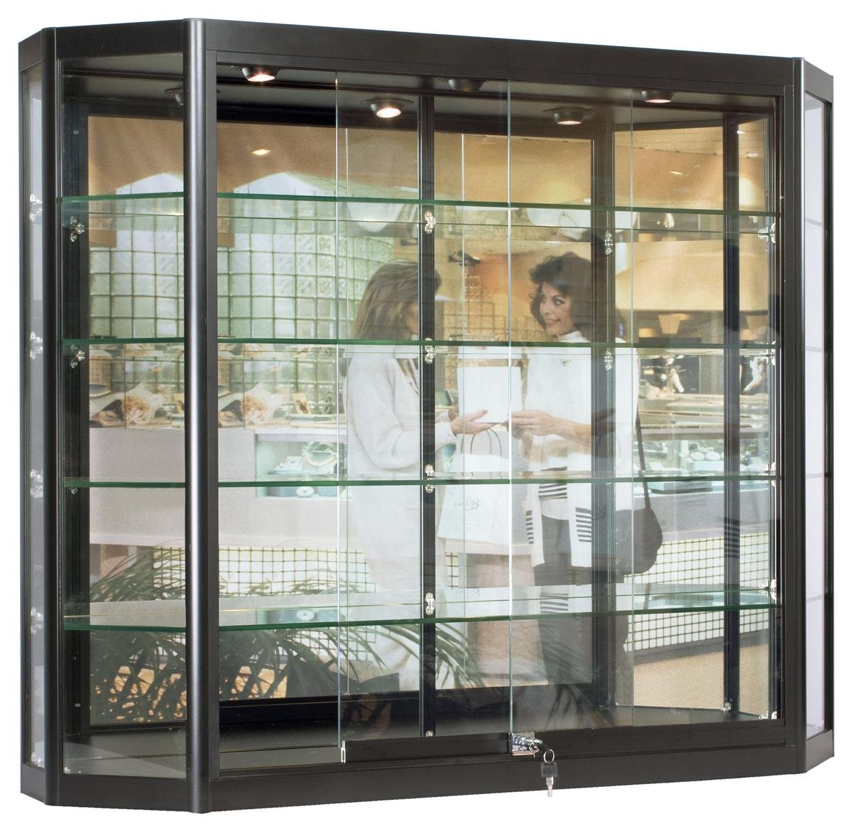 Displays2go Black Glass Wall Hanging Store Case, Aluminum, Tempered Glass Shelves β Black (WC4712LEDB)