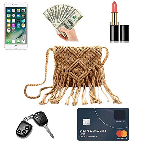 Goclothod Women Crochet Fringed Shoulder Bag Cotton Tassel Crossbody Bag Hippie Beach Purse