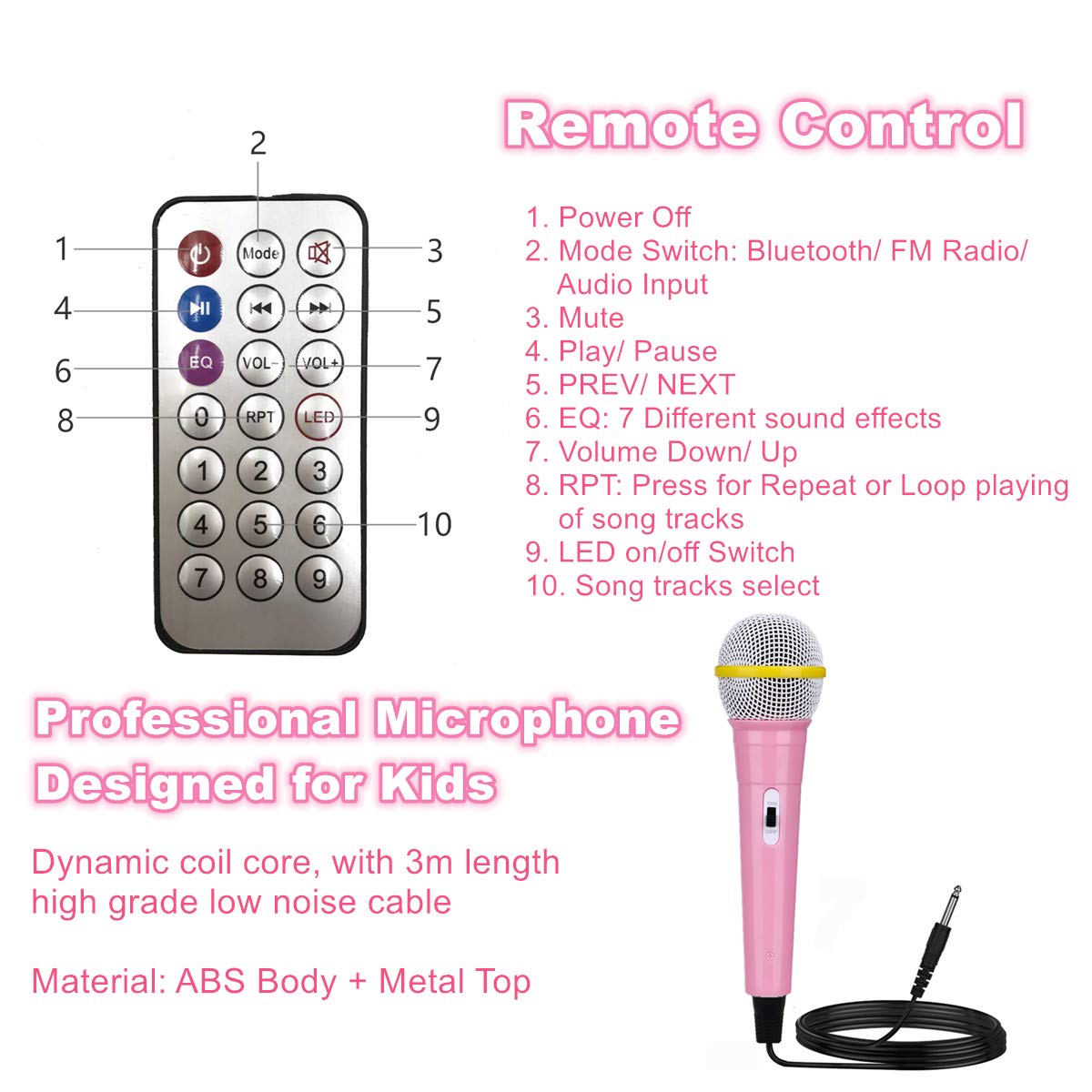 IndeCool Kids Bluetooth Karaoke Machine with 2 Microphones, Rechargeable Remote Control Wireless Karaoke Speaker Portable Karaoke Machine Music MP3 Player for Kids Adult Party Gift (Pink)