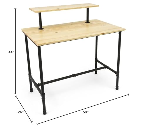 Displays2go, Large Pipe Display Table, Metal and Pine Wood Construction β Natural Finish, Black Hardware (PPLNNSTLRG)