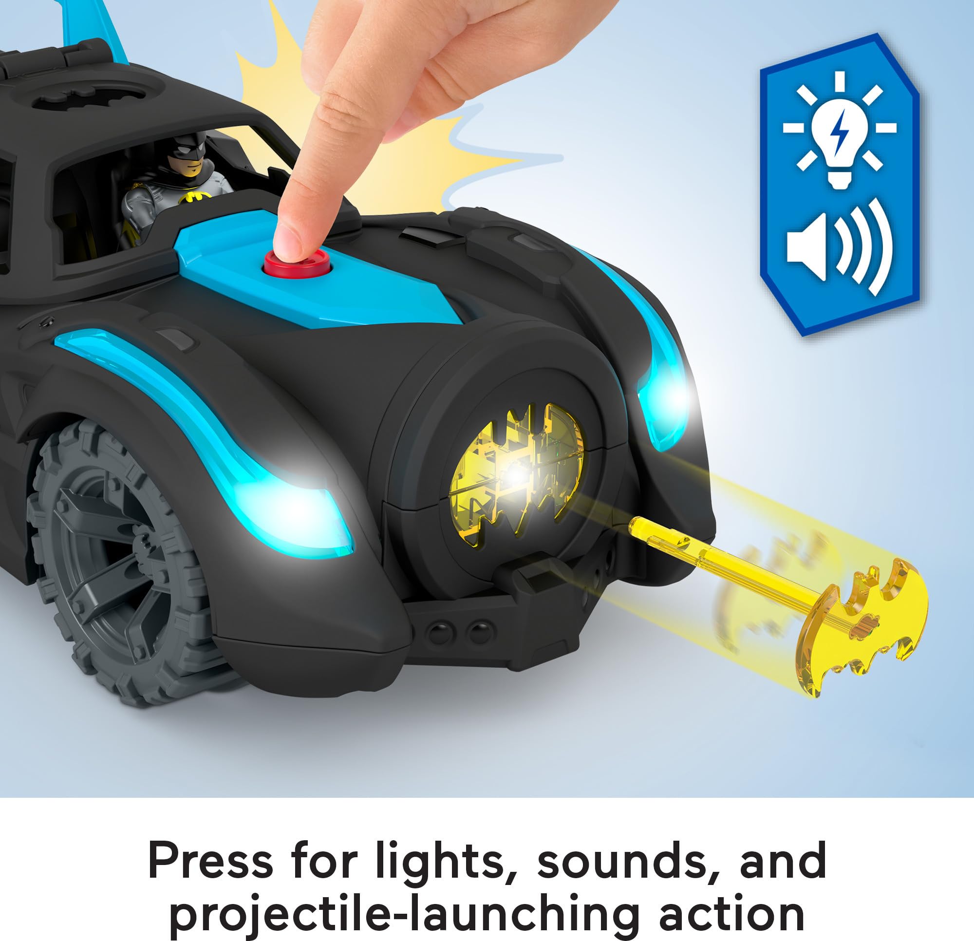Fisher-Price Imaginext DC Super Friends Batman Toy, Lights & Sounds Batmobile with Batman Figure for Preschool Kids Ages 3+ Years