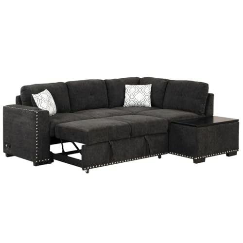 ADUH 83.8" L-Shaped Sofa,Comfy Couch,Reversible Sectional Pull-Out Sofa Bed with Storage Chaise,USB Power Sockets