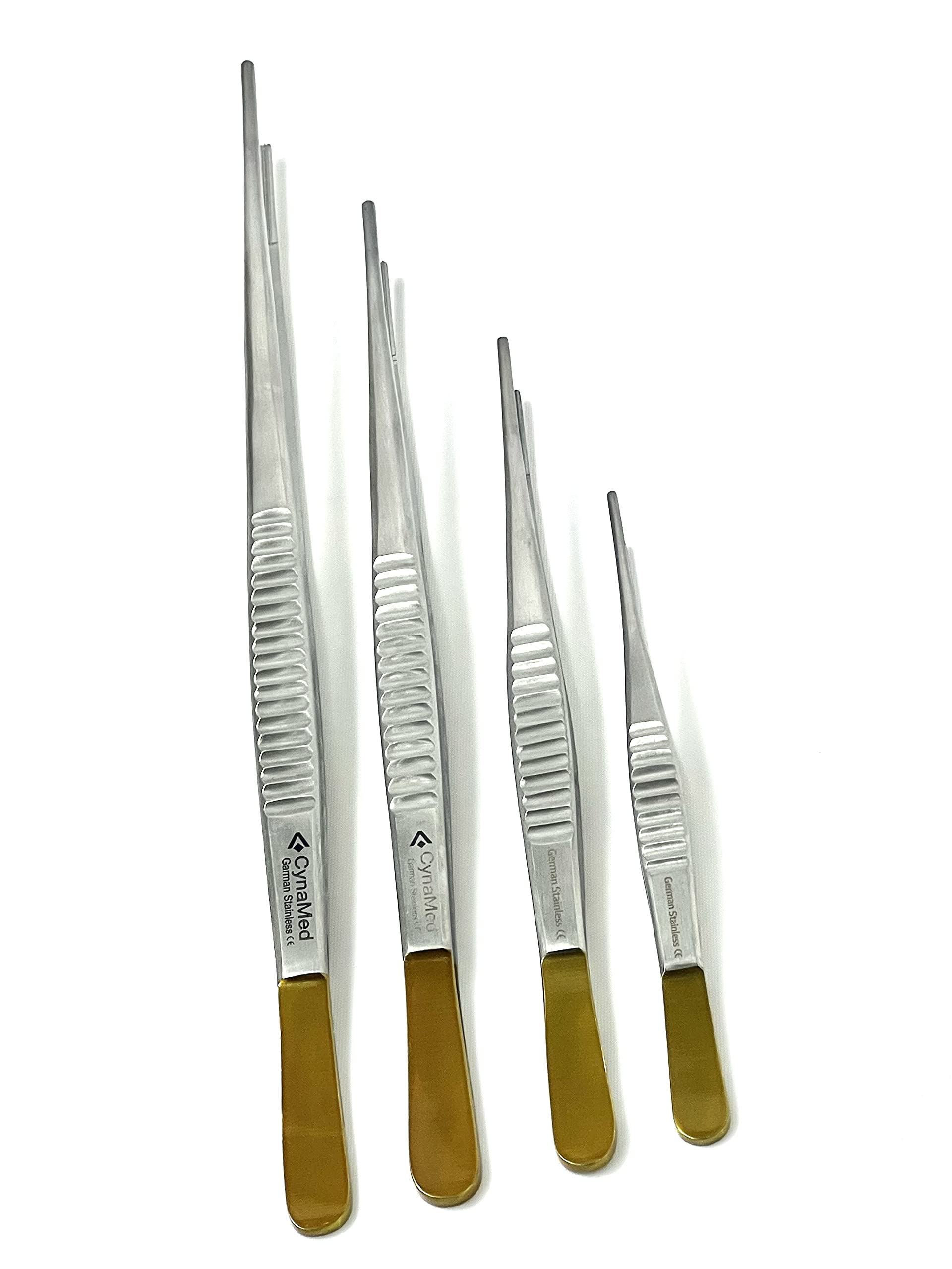 German Set of 4 Each Debakey Forceps Serrated Narrow Tips for Atraumatic Veterinary Microscopy Dissection Comes in Gold Handle 6”+8”+10”+12”